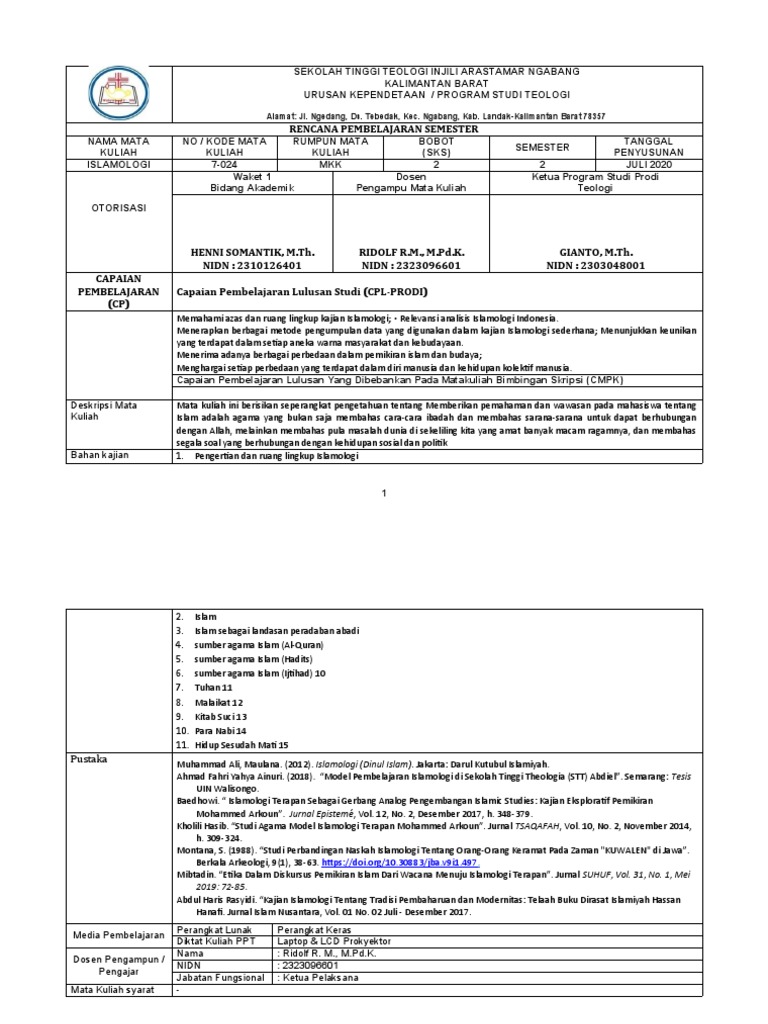 Rencana Pembelajaran Islamologi STT Arastamar | PDF