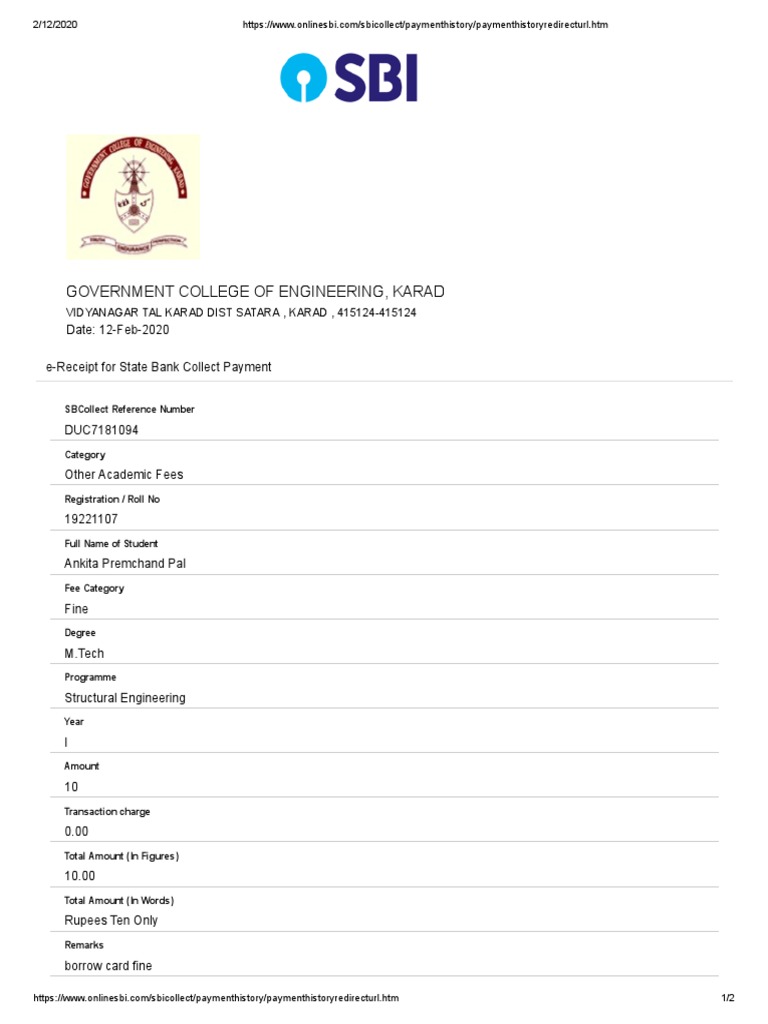 M.Tech Fee Receipt: Borrow Card Fine | PDF