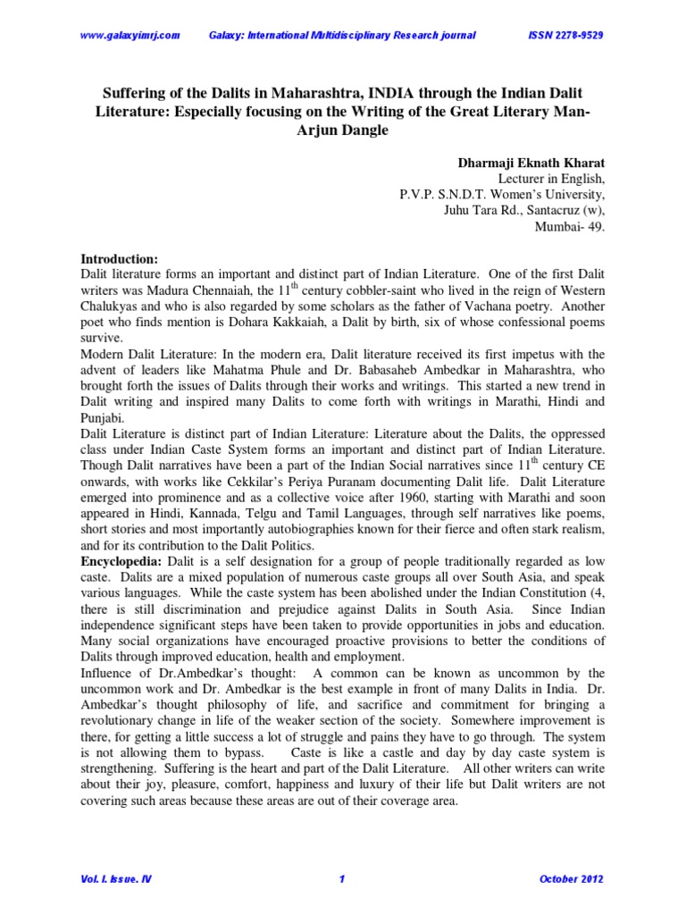 Dalit suffering in Maharashtra through Arjun Dangle's literature | PDF ...