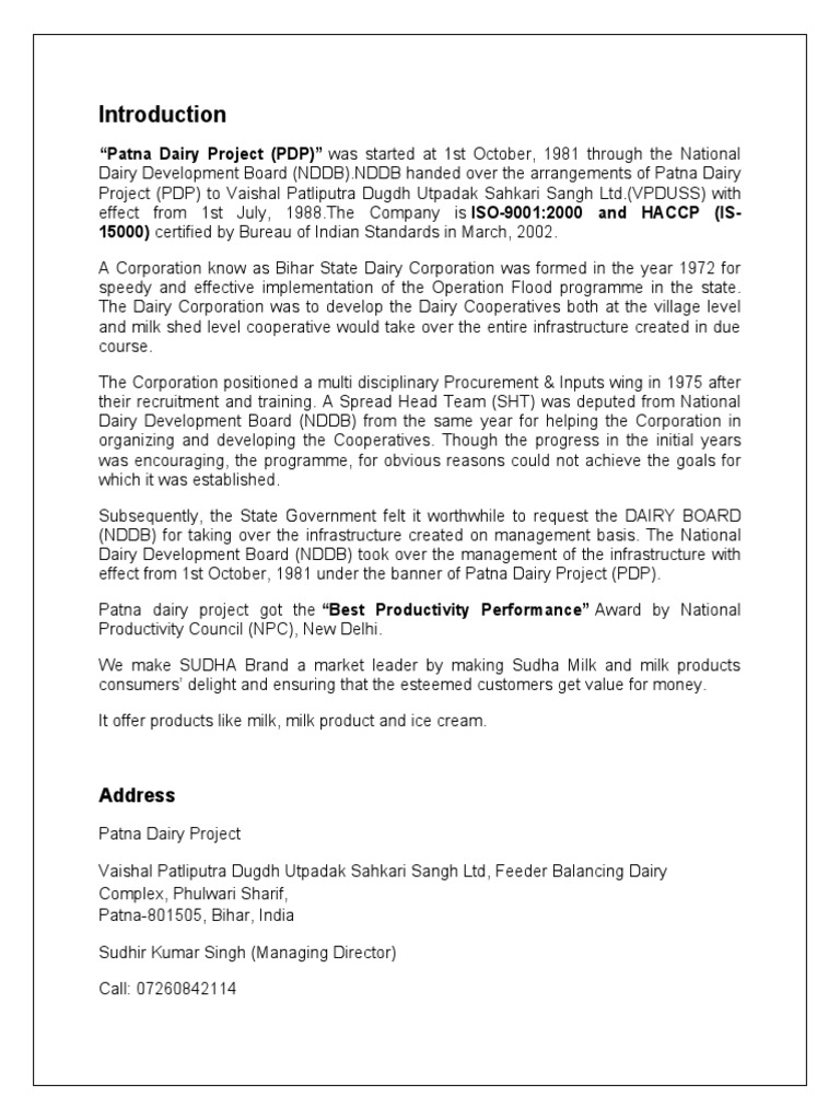 "Patna Dairy Project (PDP) " Was Started at 1st October, 1981 Through ...
