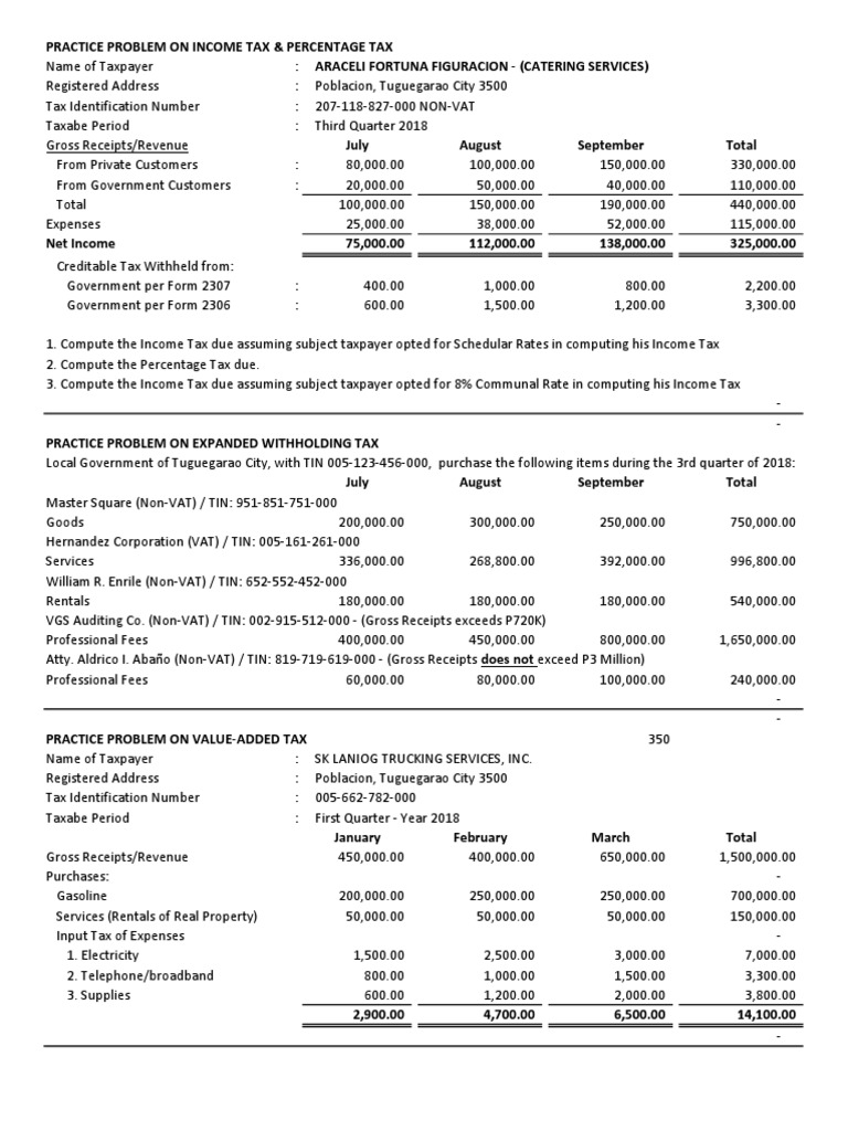 SAMPLE PROBLEMS ON REGULAR TAXES (CTT Exam) | PDF | Taxpayer | Income Tax