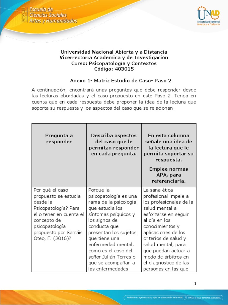 Anexo 1 - Matriz Estudio de Caso - Paso 2 | PDF | Psicopatología | Trastorno mental
