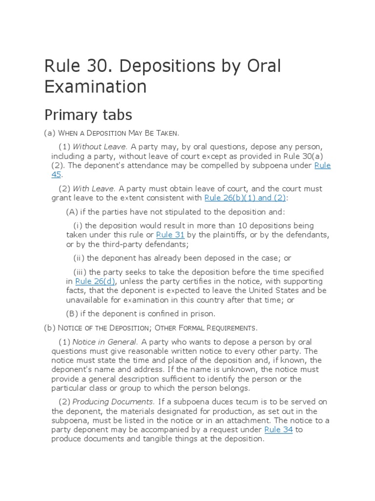 Rule 30. Depositions by Oral Examination: Primary Tabs | PDF | Deposition (Law) | Separation Of ...