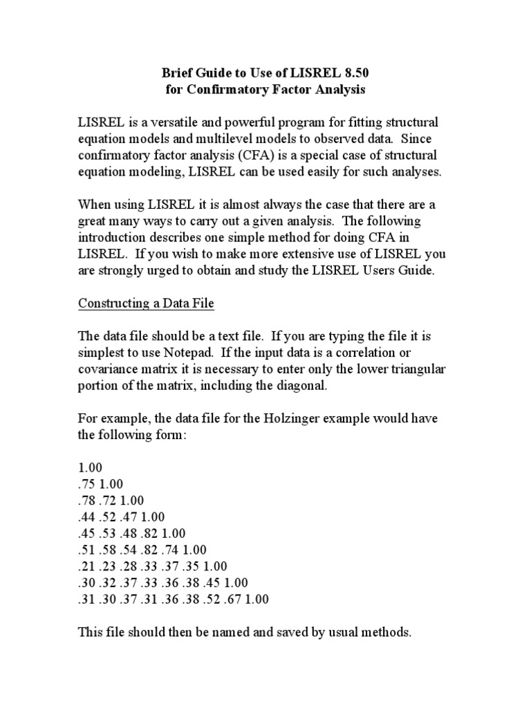 Brief Guide To Use of LISREL 8.50 For Confirmatory Factor Analysis ...