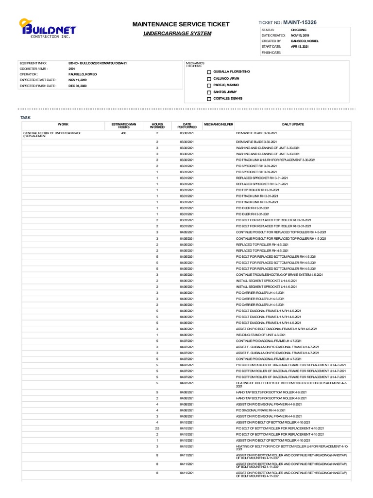 Undercarriage Maintenance Ticket MAINT-15326 | PDF | Nut (Hardware) | Screw