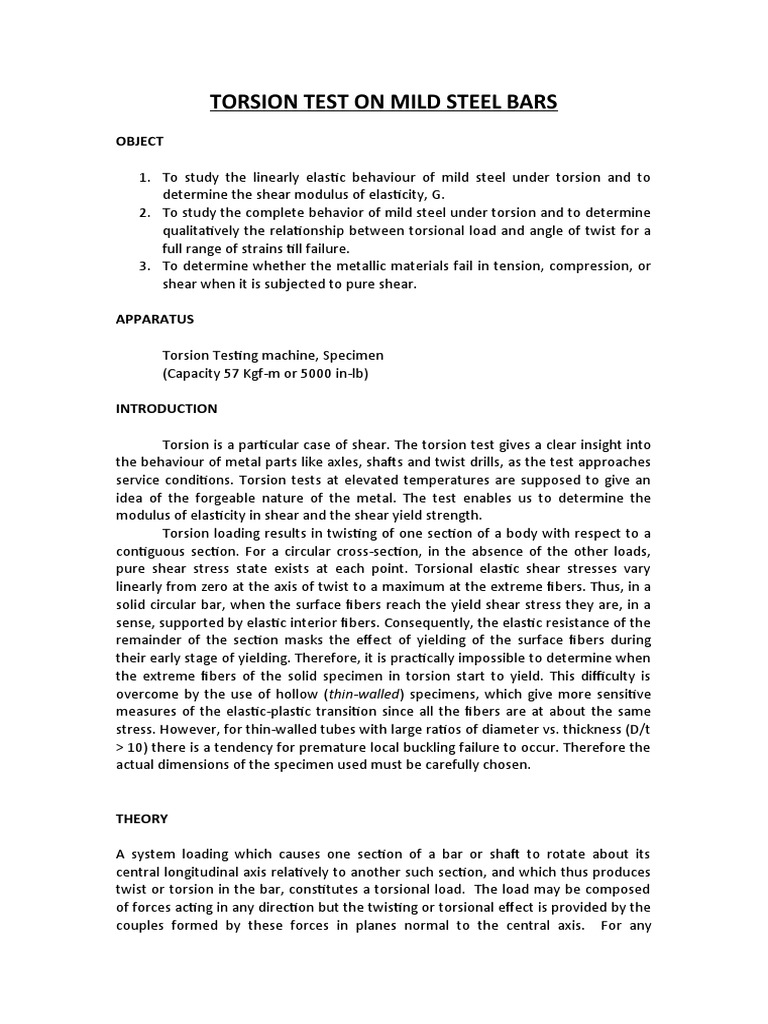 Torsion Test For Mild Steel Bars | PDF | Elasticity (Physics) | Stress ...