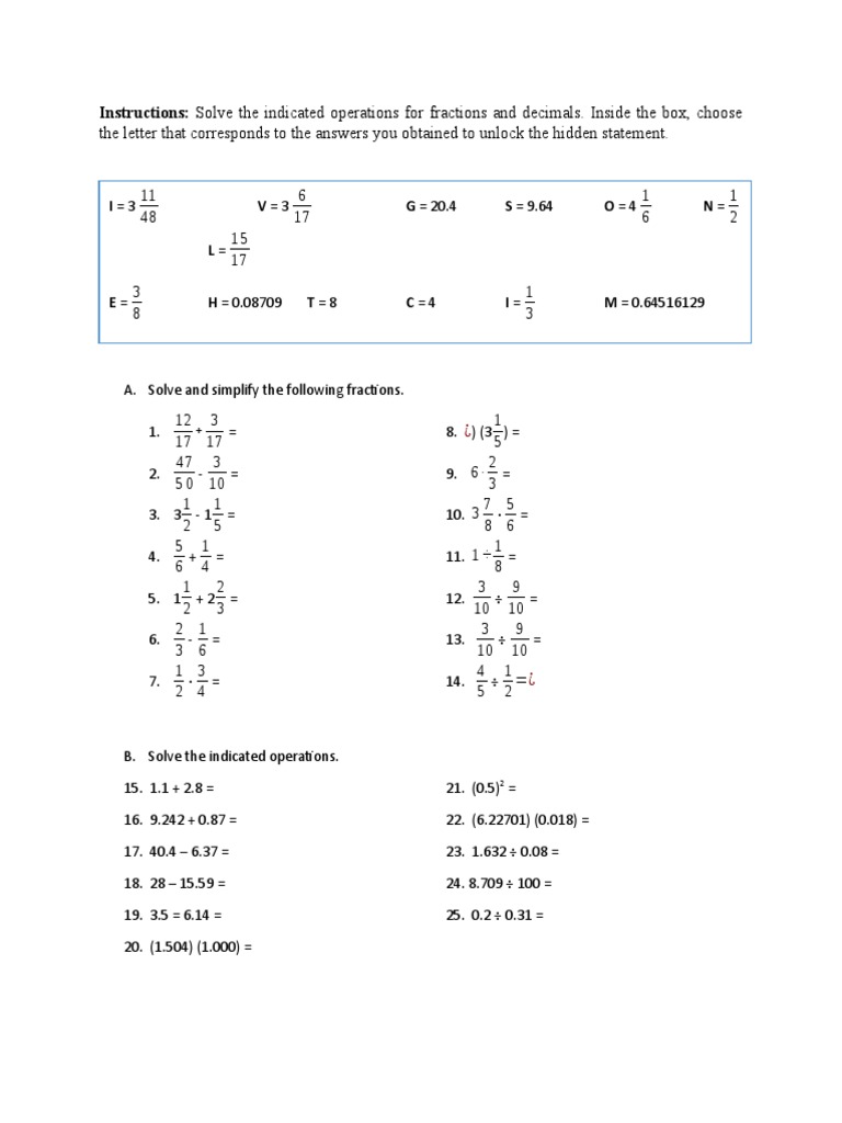Fraction and Decimal Operations Worksheet | PDF | Numbers | Teaching ...