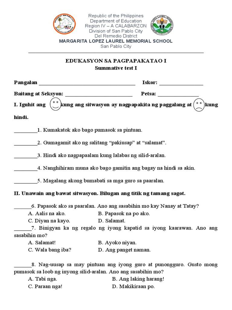 Summative Test I Grade1 | PDF