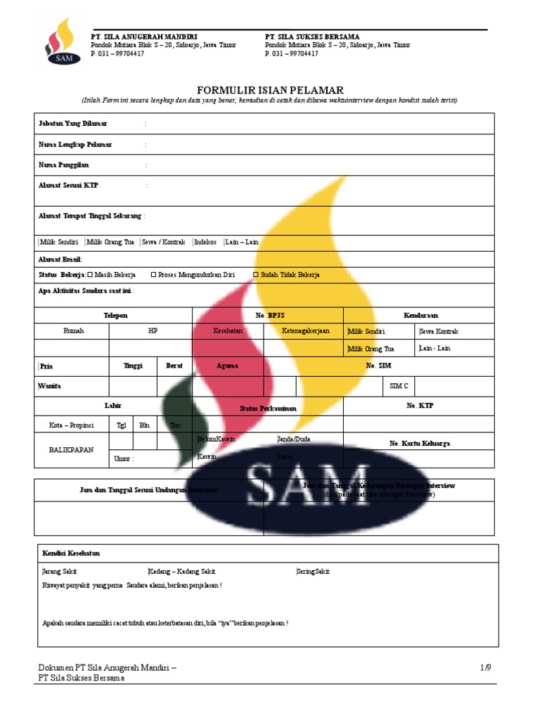 Form Isian Pelamar - SAM | PDF