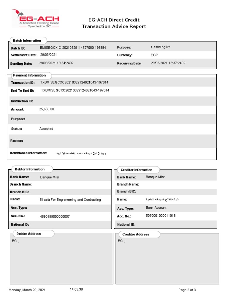 EG-ACH Direct Credit Transaction Advice Report | PDF
