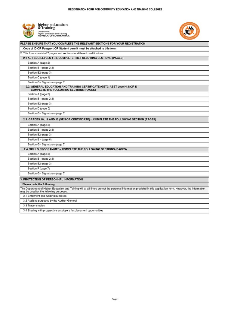 KZN Cet College - Registration Form | PDF | Literacy | Further Education