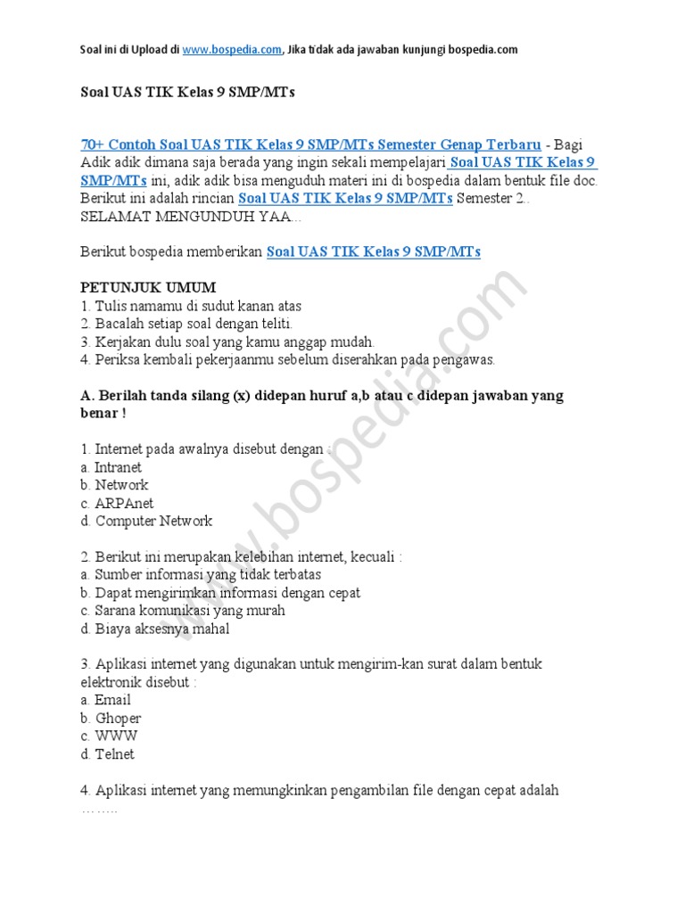 70+ Contoh Soal UAS TIK Kelas 9 SMP MTs Semester Genap | PDF