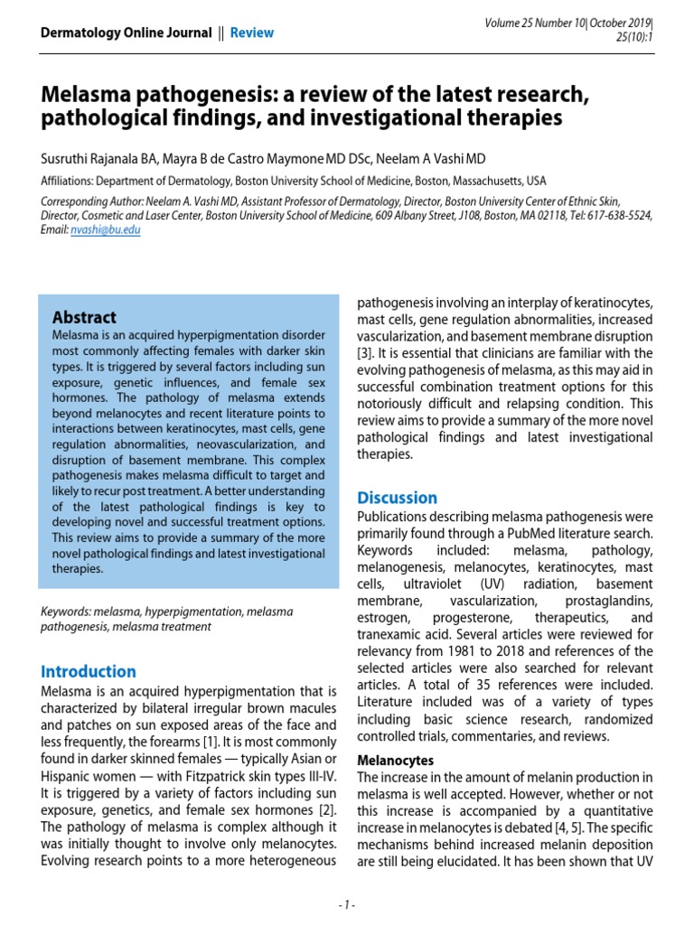 Melasma Pathogenesis and Treatments | PDF | Skin | Molecular Biology