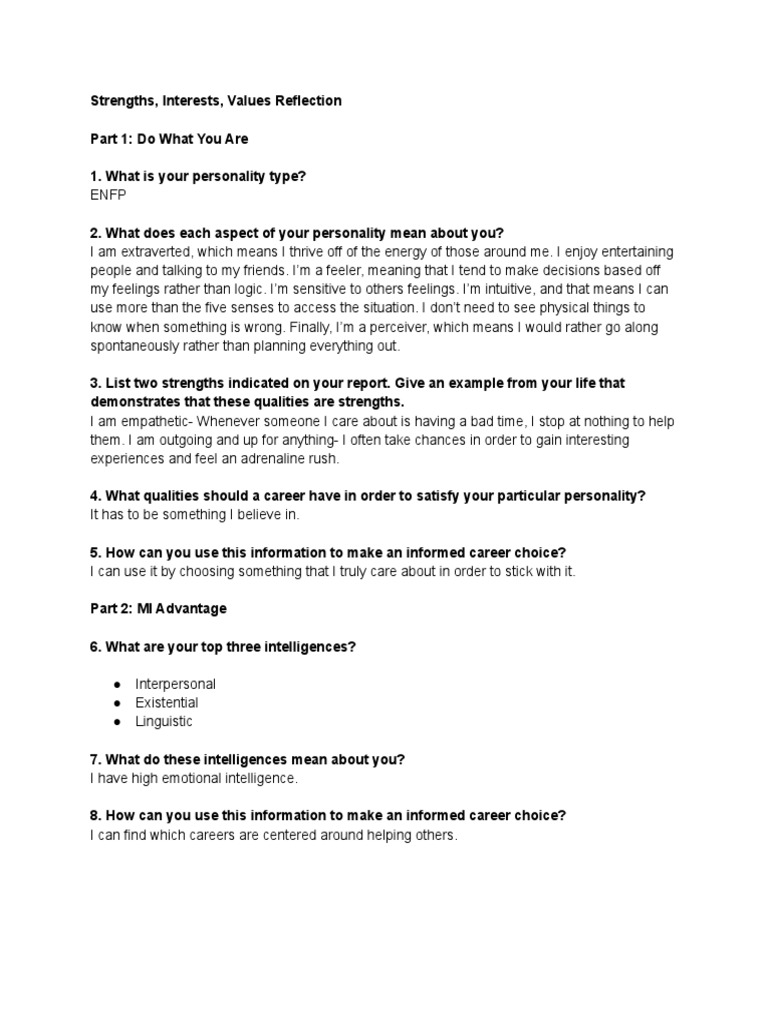 Strengths Interests and Values | PDF | Feeling | Personality Type