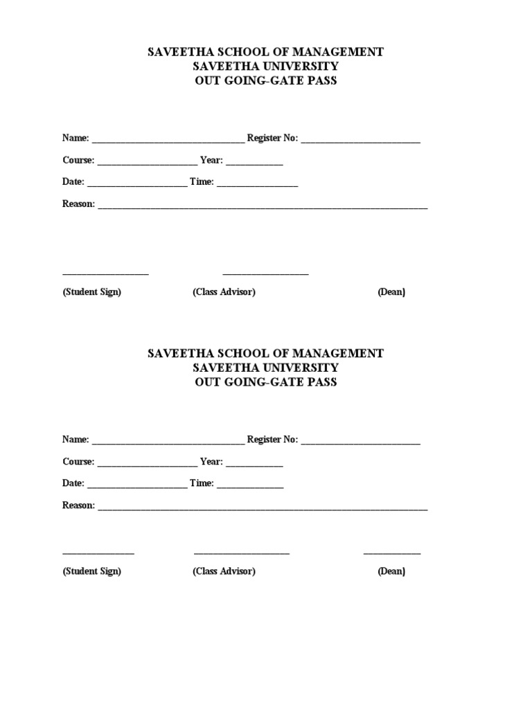 Saveetha School of Management Saveetha University Out Going-Gate Pass | PDF