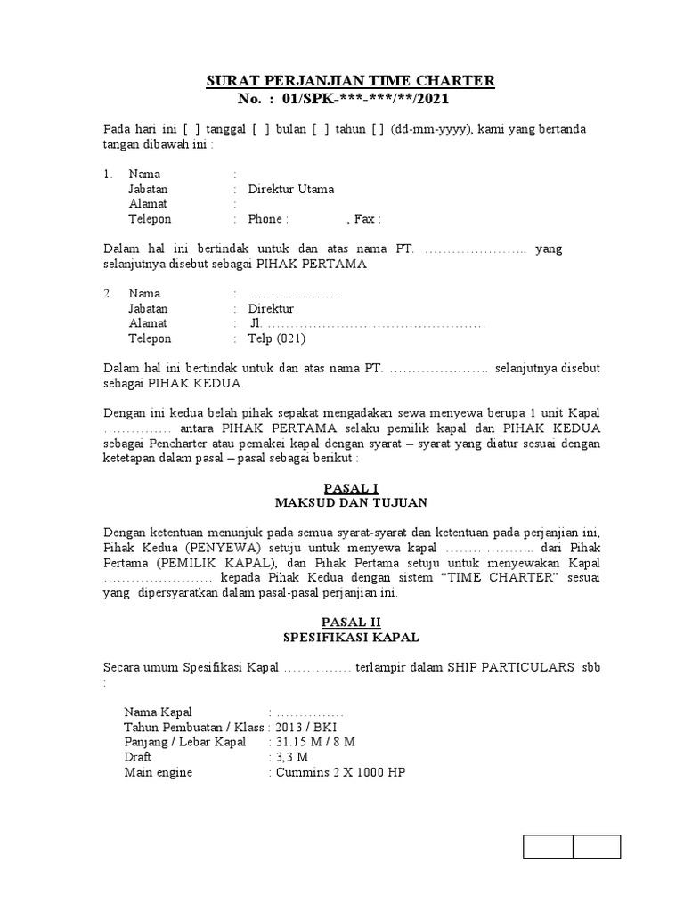 Contoh Perjanjian Time Charter Kapal | PDF