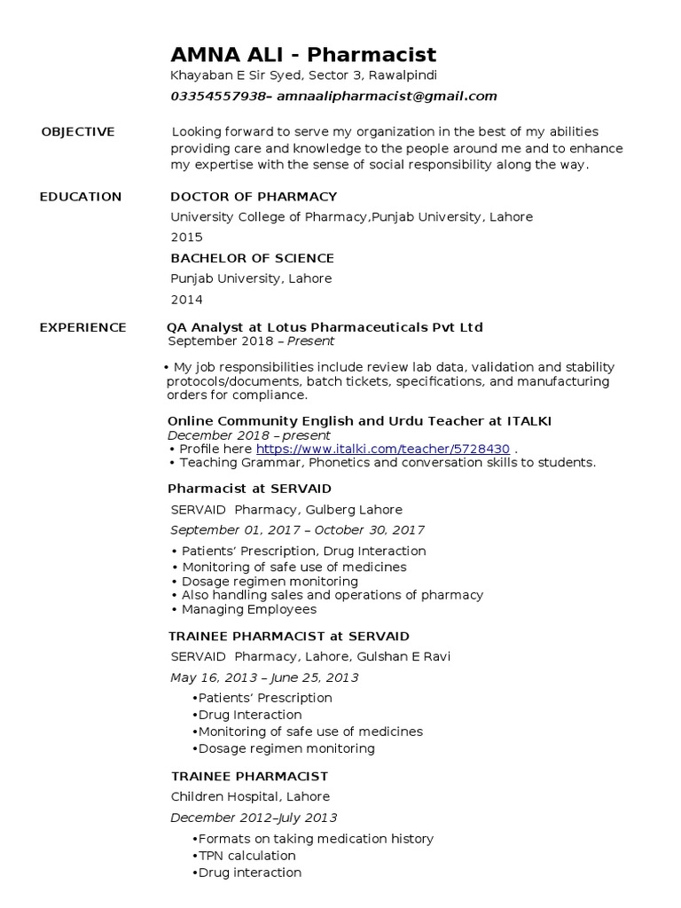 Amna Ali - Pharmacist - CV | PDF