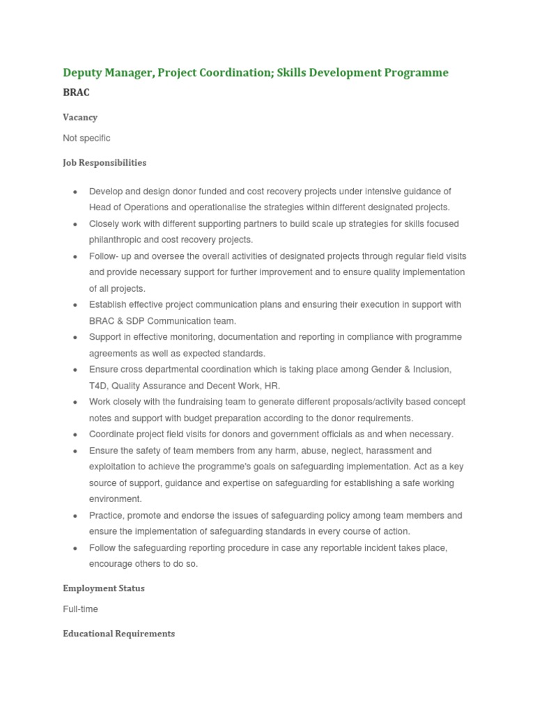 Deputy Manager, Project Coordination Skills Development Programme | PDF ...