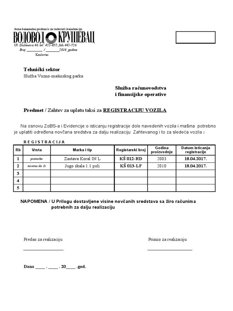 Zahtev Za Registraciju I Takse | PDF