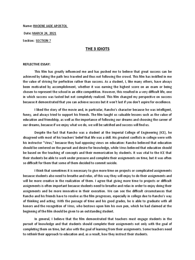 The 3 Idiots Reflective Essay | PDF | Psychological Concepts | Psychology