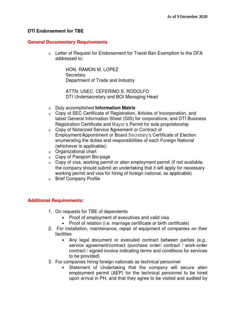 DTI TBE Requirements As of 10 December 2020 | PDF | Travel Visa ...