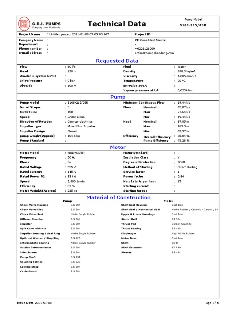 Data Sheet S10S-215 05R-8, 93Kw, 6 BSP SD Sub Pump 50Hz (SPLINES) | PDF ...
