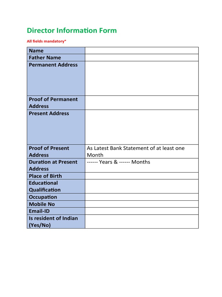 Director Information Form: Name Father Name Permanent Address | PDF