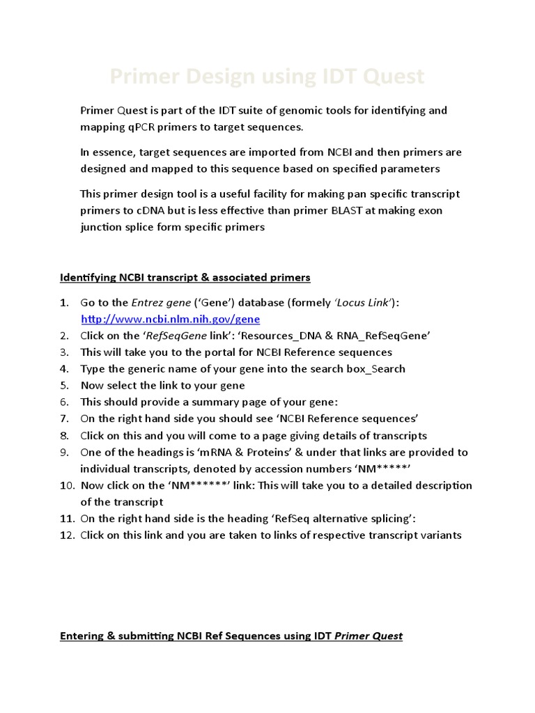 IDT Primer Design for qPCR | PDF | National Center For Biotechnology ...