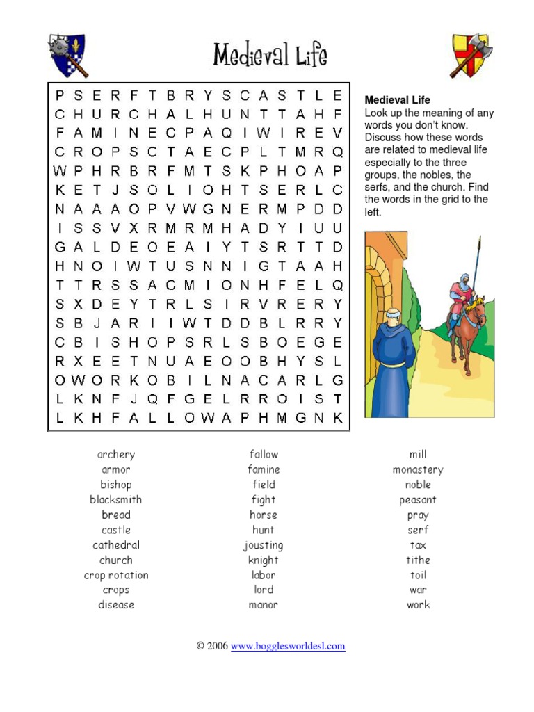 Medieval Life - Wordsearch | PDF