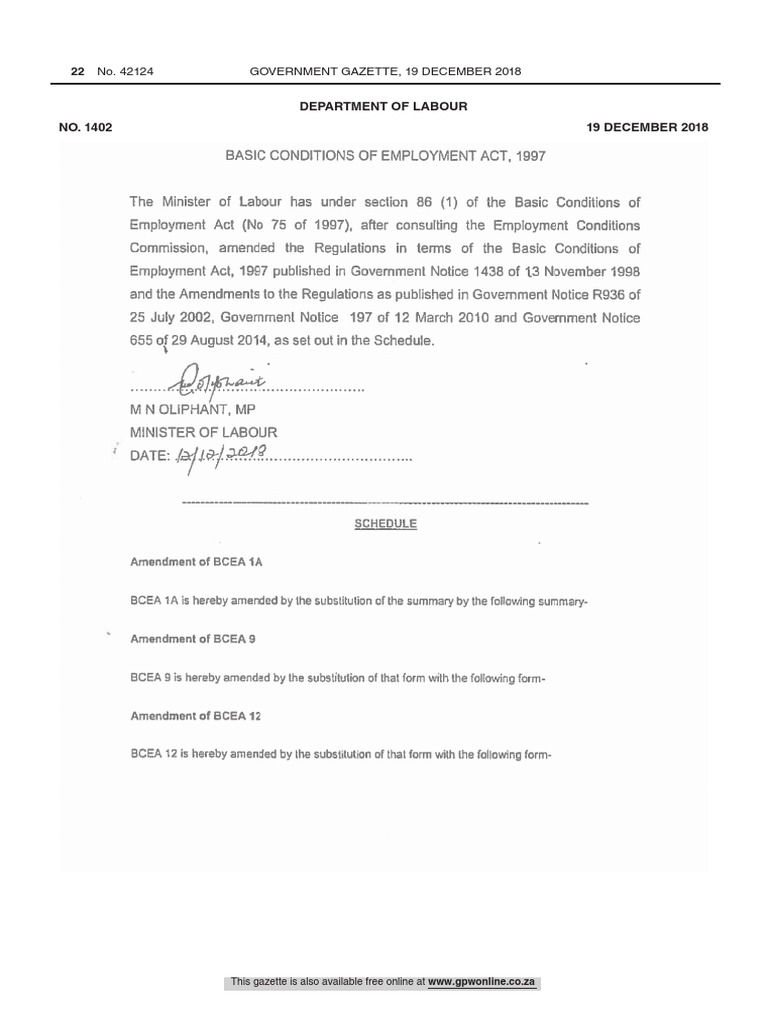 Basic Conditions of Employment Act Regulations Amendment | PDF ...