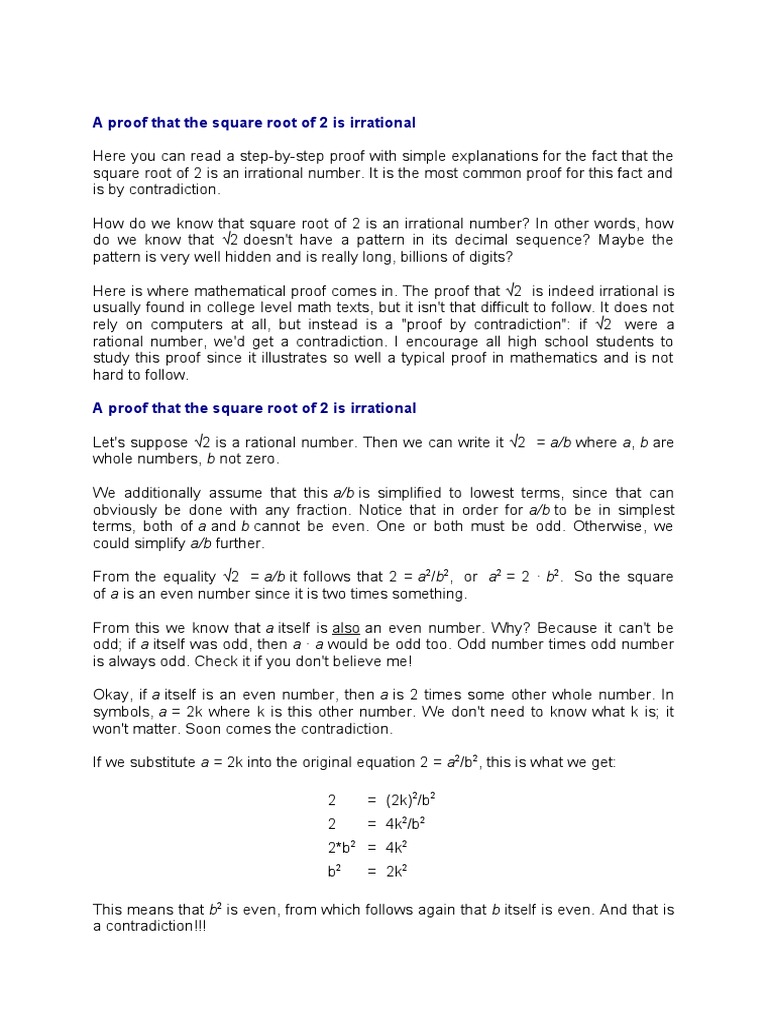 A Proof That The Square Root of 2 Is Irrational | PDF | Numbers ...