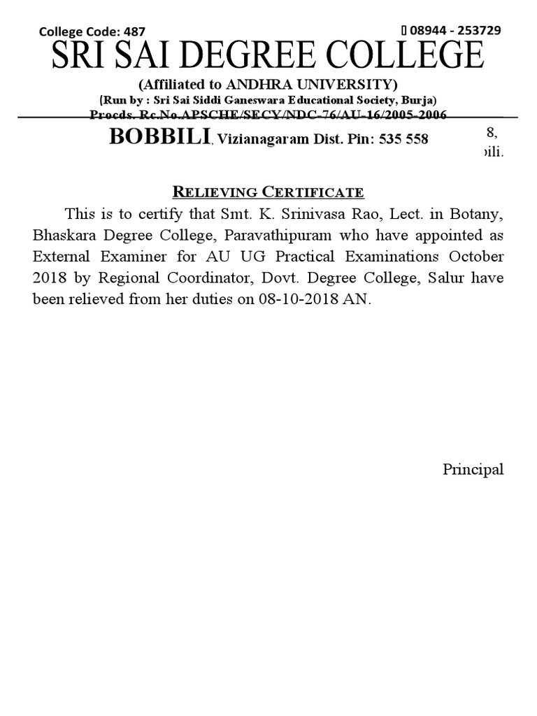 College relieving certificate for examiner duties | PDF
