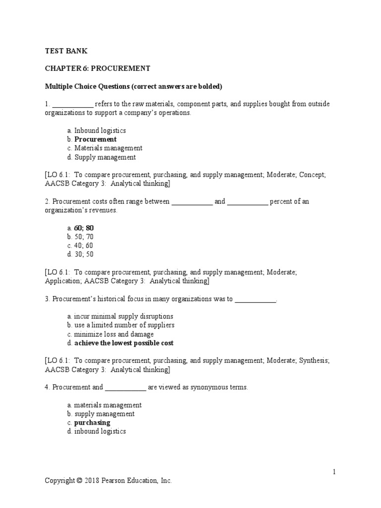 Test Bank Chapter 6: Procurement Multiple Choice Questions (Correct ...