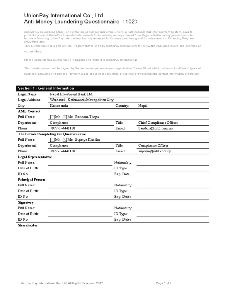 102 - Anti-Money Laundering Questionnaire - V2017 Risk Department | PDF ...