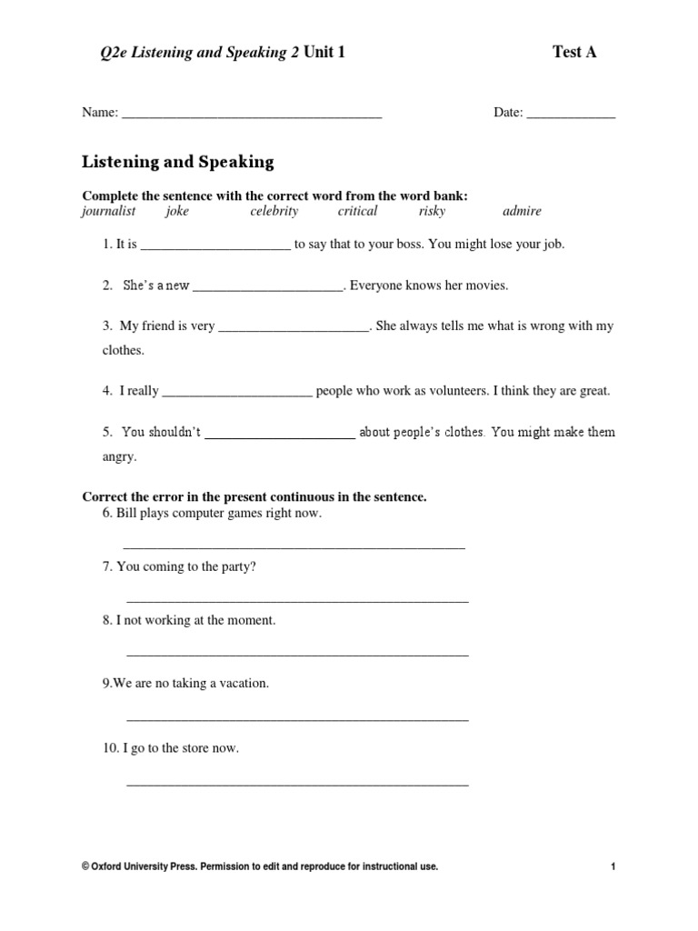 Q2e Listening and Speaking 2 Unit 1: Test A | PDF | Newspaper And Magazine