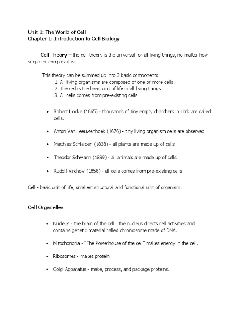 Unit 1: The World of Cell Chapter 1: Introduction To Cell Biology Cell ...