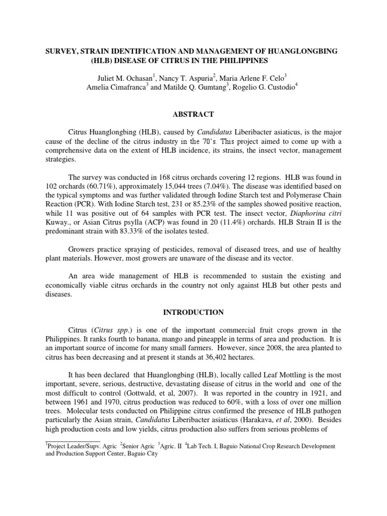 Survey, Strain Identification and Management of Huanglongbing (HLB ...