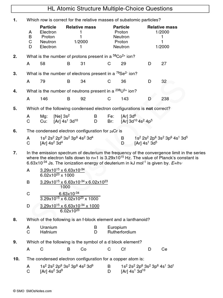 Atomic Structure HL Multiple Choice Questions | PDF | Emission Spectrum ...