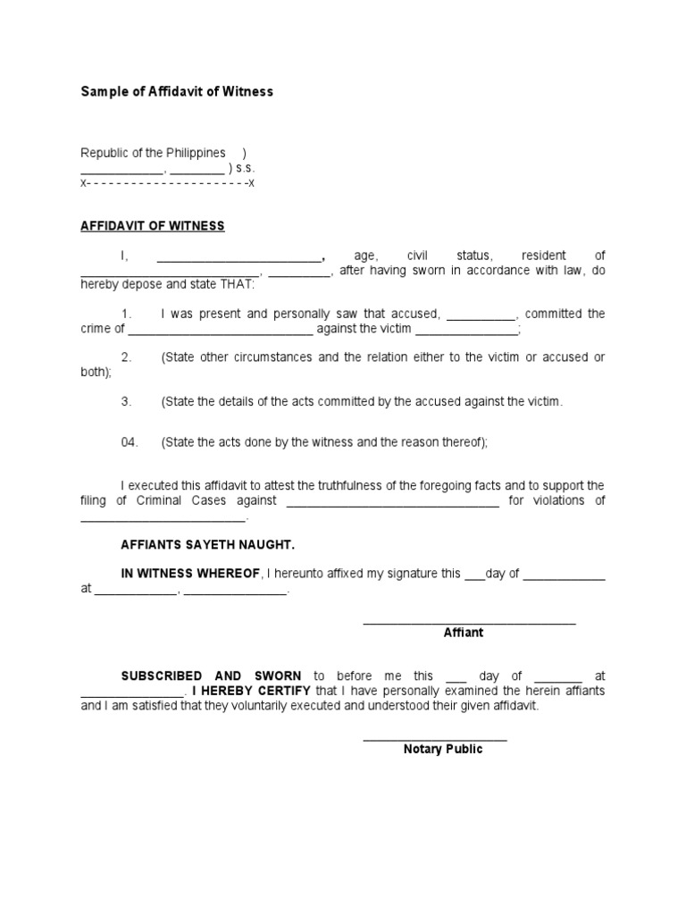 Affidavit of Witness Template | PDF | Politics | Law