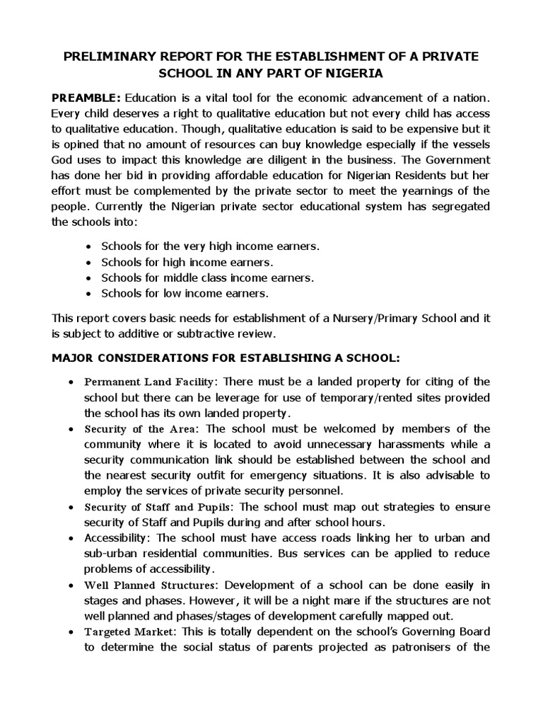 Preliminary Report For The Establishment of A Private School in Any ...