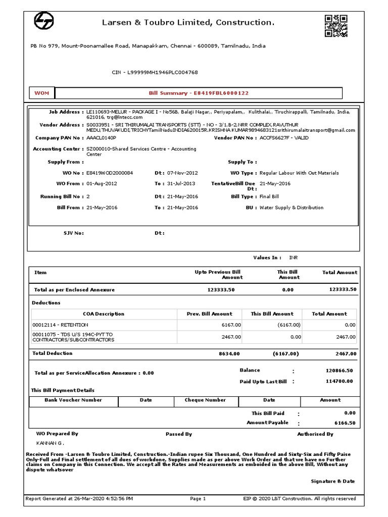 Larsen & Toubro Limited, Construction.: Bill Summary - E8419FBL6000122 ...