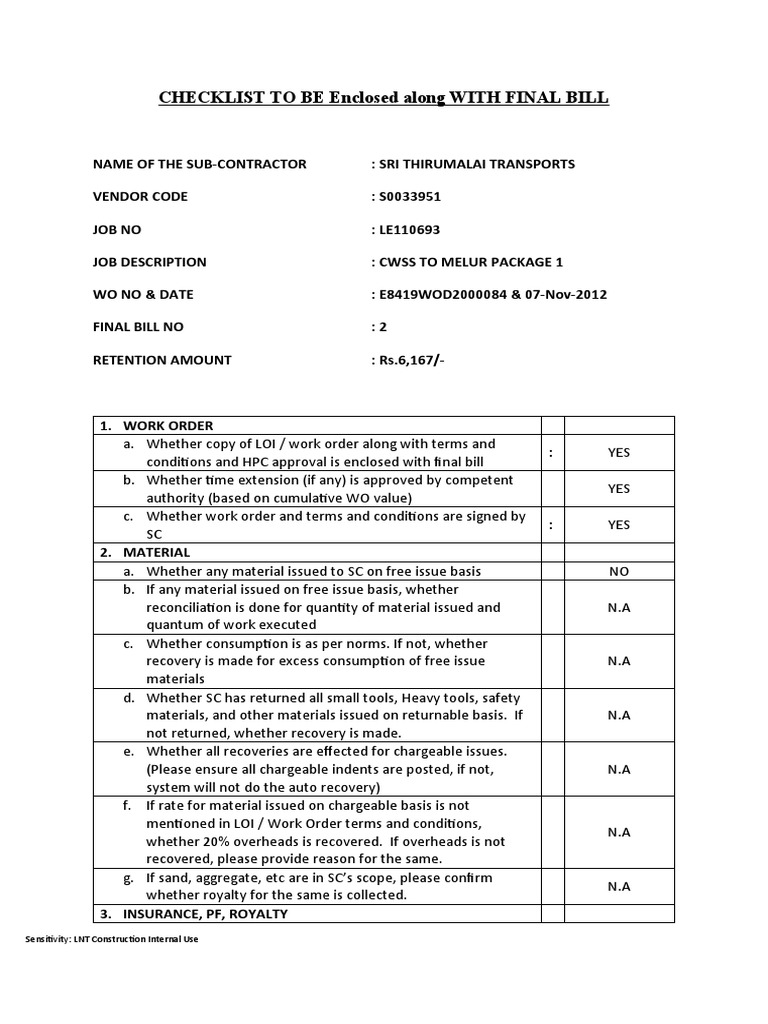 Checklist To Be Enclosed Along With Final Bill: Sensitivity: LNT ...