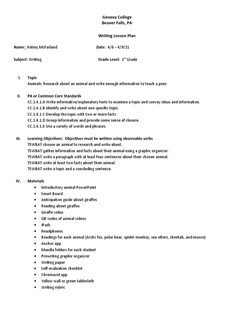 1st Grade Writing Lesson - Animals | PDF | Rubric (Academic) | Cognition