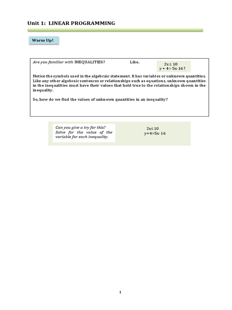 Unit 1 Linear Programming For Canvas | PDF | Linear Programming | Mathematical Optimization