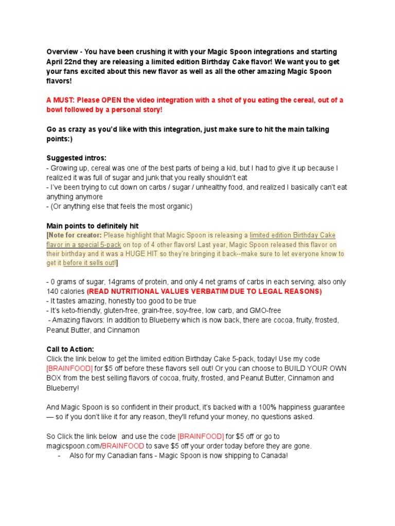 Magic Spoon Birthday Cake Talking Points For TIFO | PDF