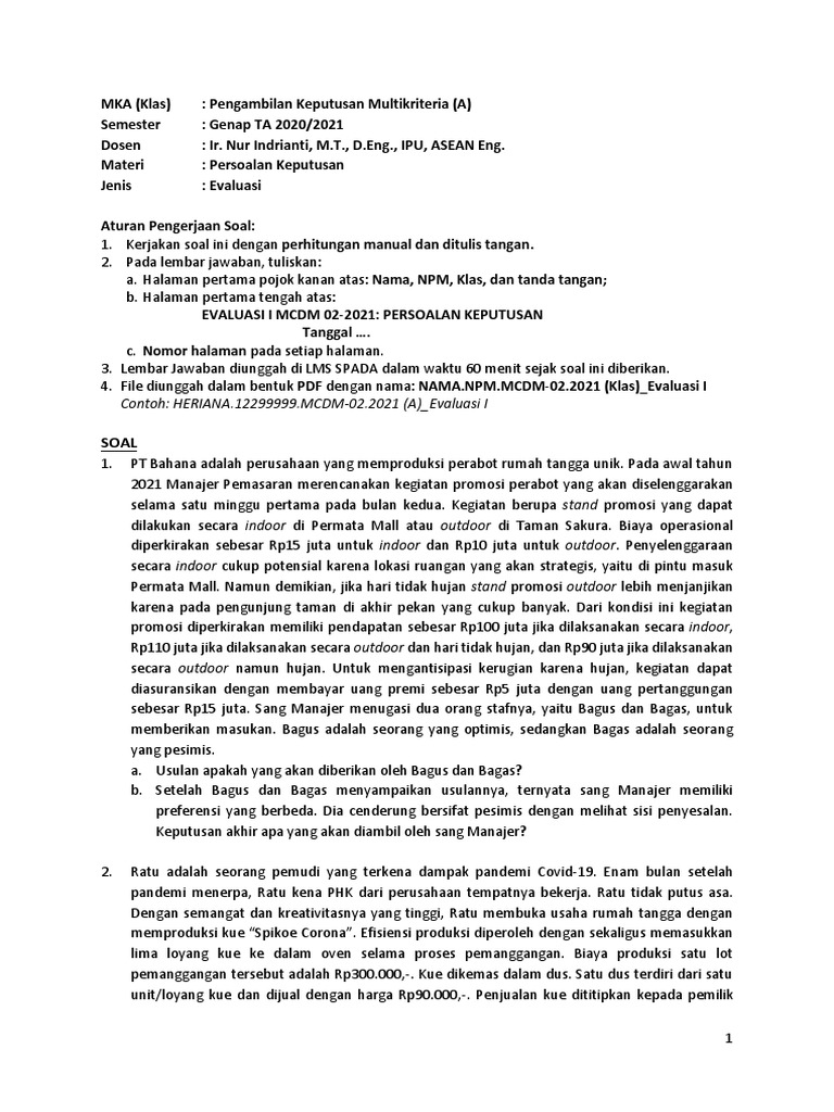 Indrianti - MCDM 02-2021 - Persoalan Keputusan - Soal Latihan (A) | PDF