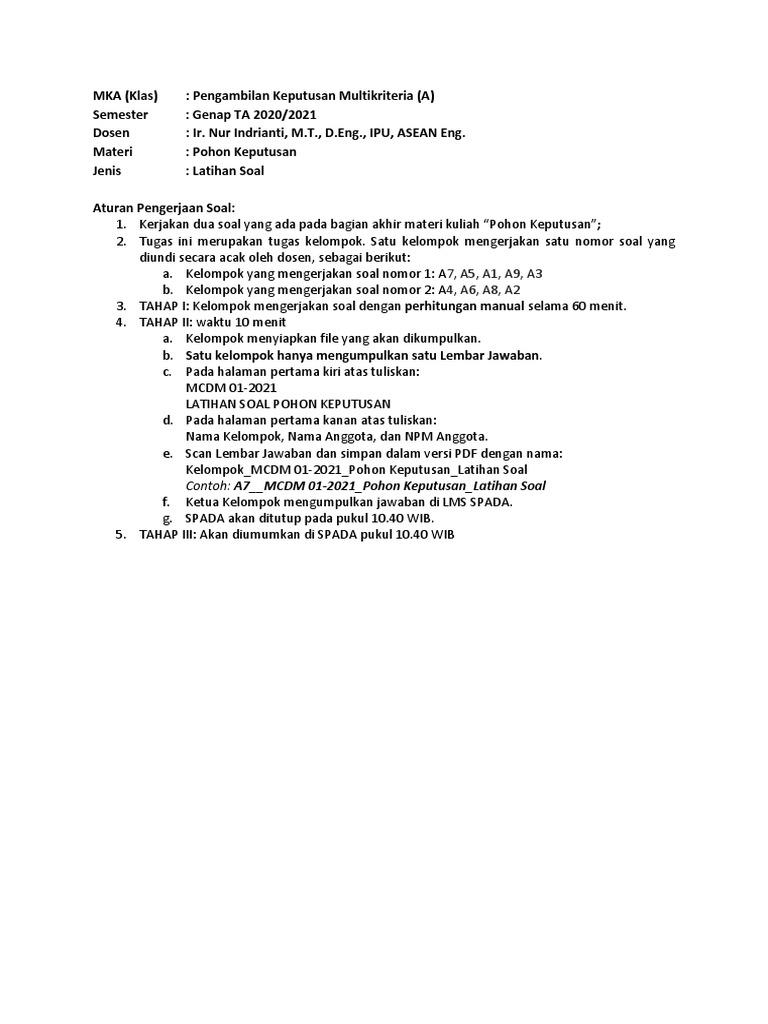 Indrianti - MCDM 02-2021 - Pohon Keputusan - Soal Latihan (A) | PDF | Komputer