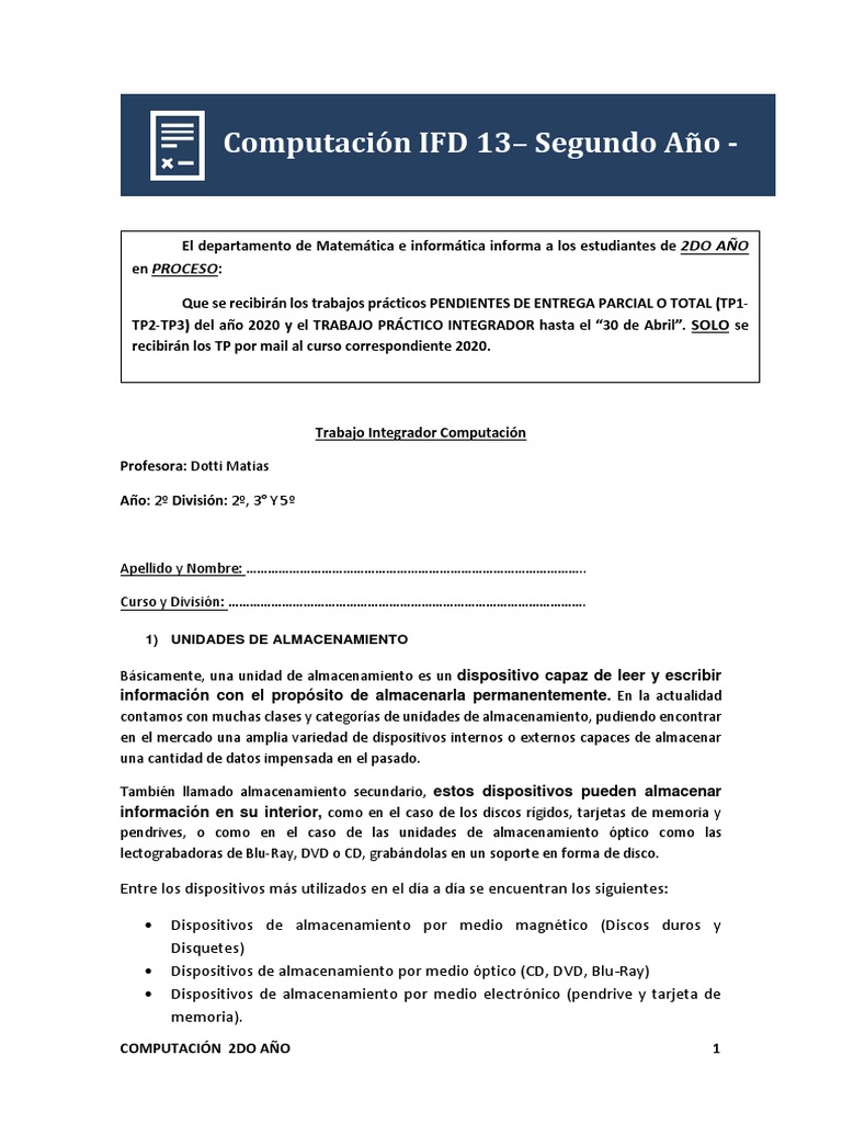 Computacion - TP Integrador - 2doaño - Div 2º,3º y 5º Dotti Matías | PDF | Almacenamiento de ...