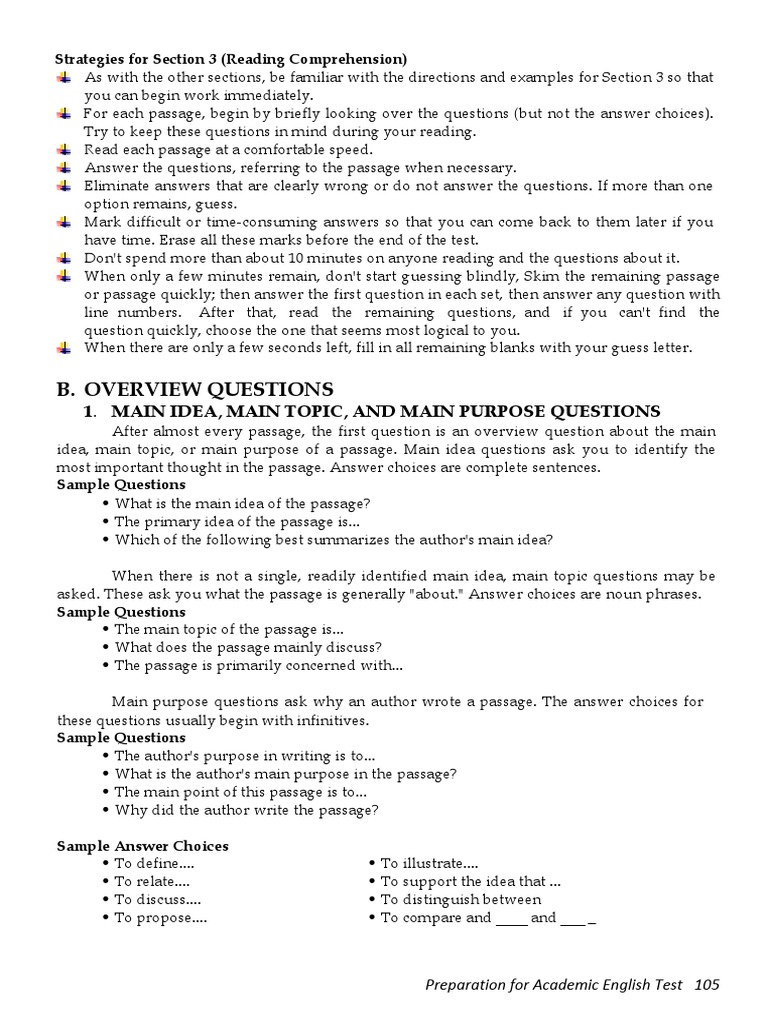 Main Idea Main Topic and Main Purpose Questions Other Overview ...