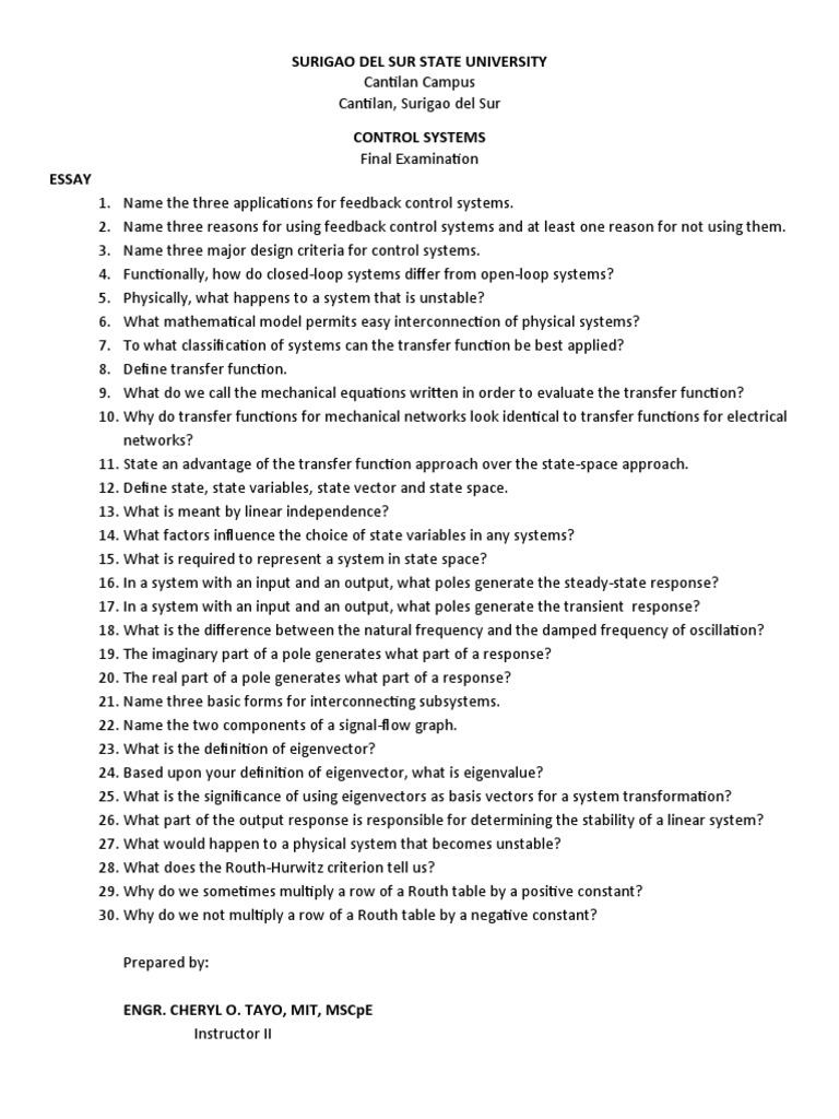 Control Systems Final Examination | PDF | Control Theory | Eigenvalues ...